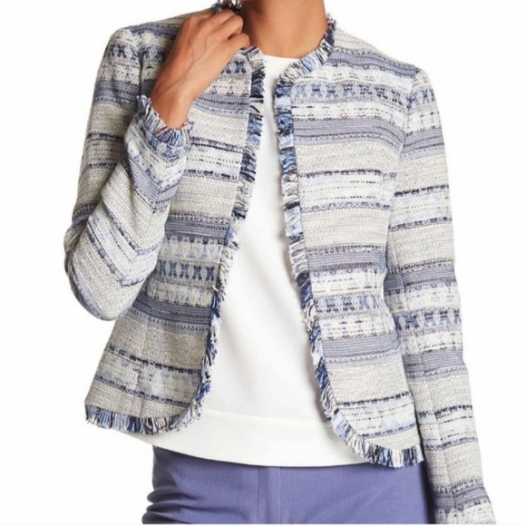 Anne Klein | Jackets & Coats | Anne Klein Tweed Blue White Fringe Jacket Blazer Size | Poshmark